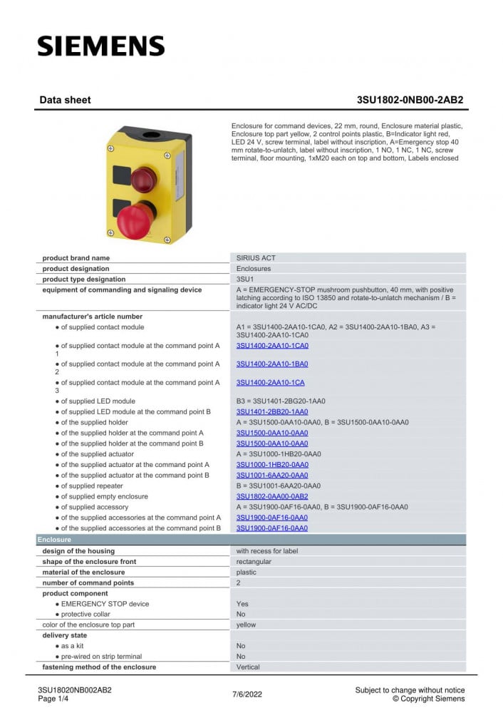 SIEMENS 3SU18020NB002AB2 datasheet page 1