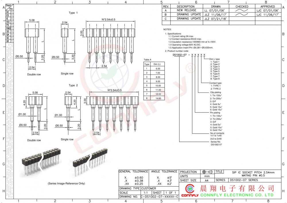 CONNFLY Elec DS1002-07 series technical drawing