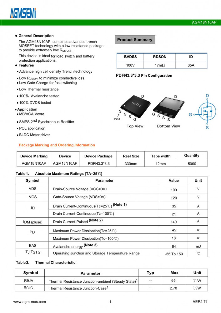 AGM18N10AP datasheet page 1
