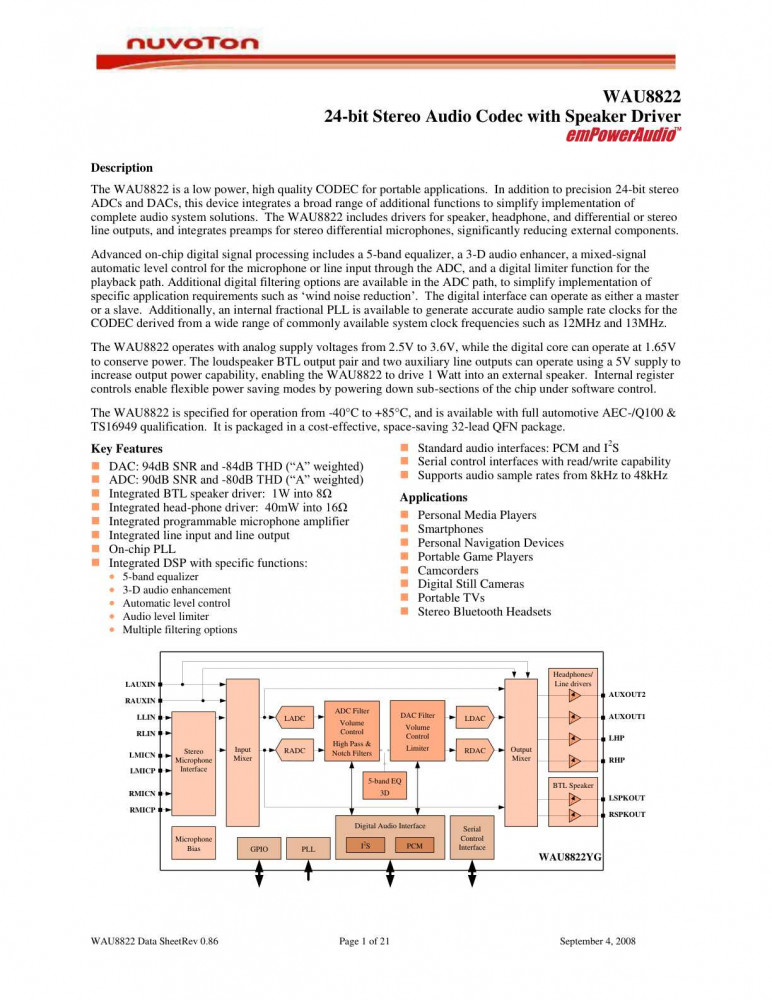 WAU8822 datasheet page 1