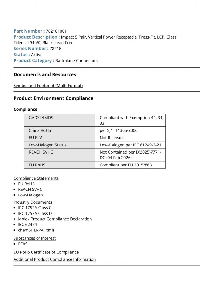 MOLEX 782161001 technical document image, page 1