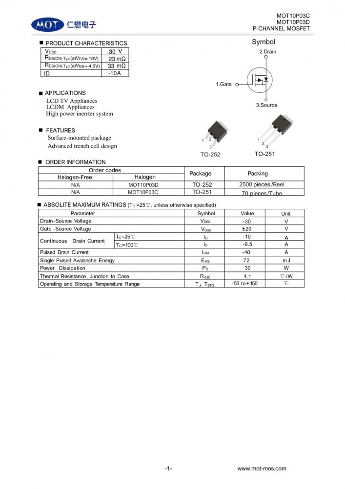 MOT10P03D datasheet page 1