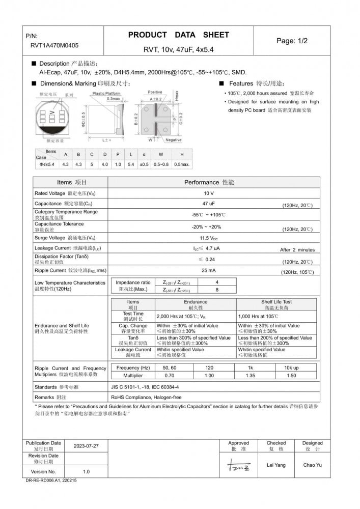 RVT1A470M0405 datasheet page 1