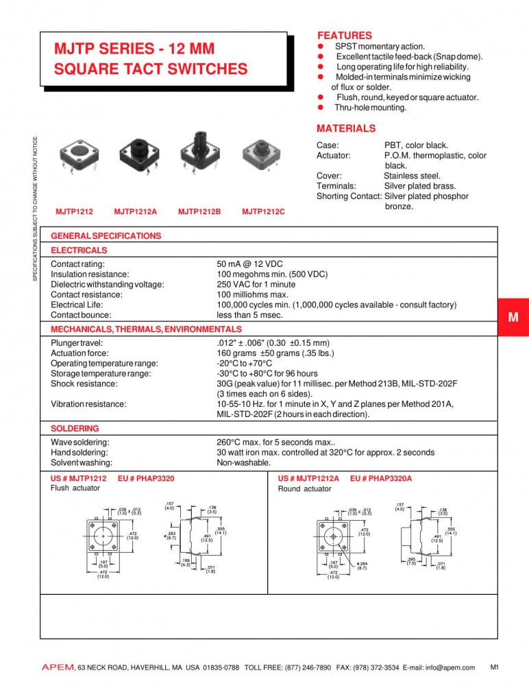 APEM MJTP series datasheet page 1