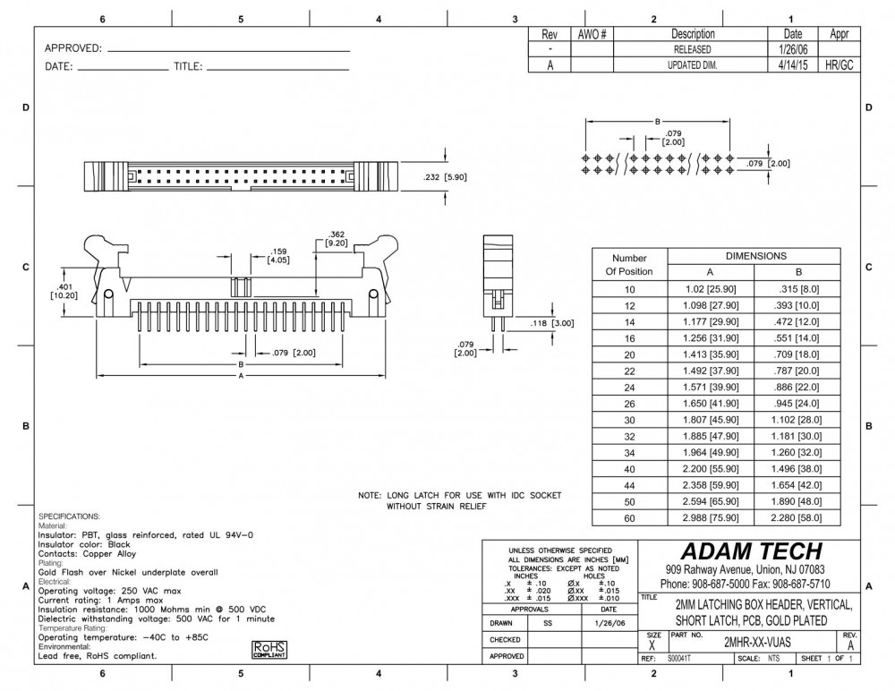 ADAM TECH 2 mm latching box header product drawing