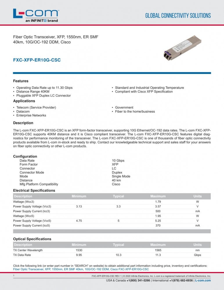 FXC-XFP-ER10G-CSC datasheet page 1