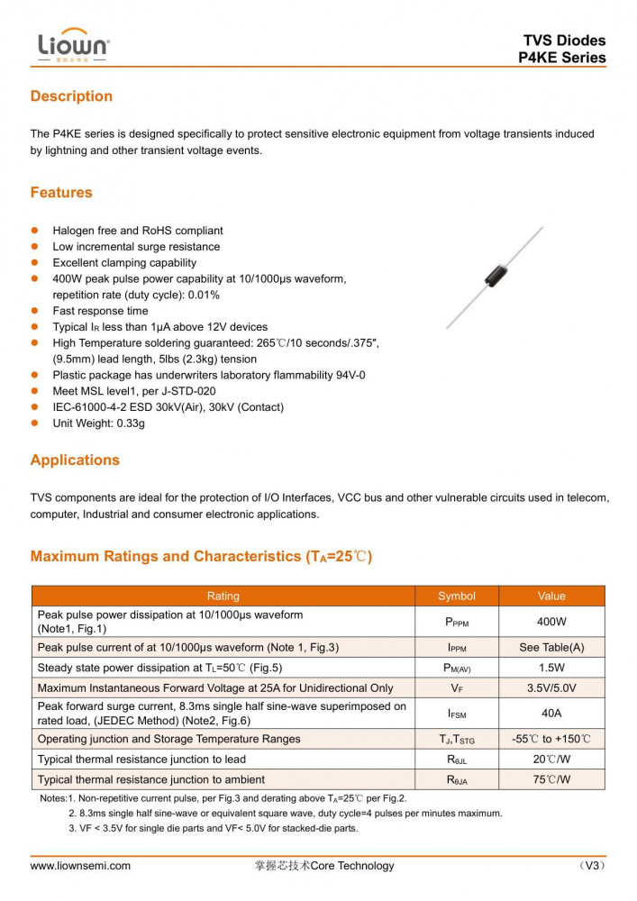 Liown P4KE series datasheet page 1