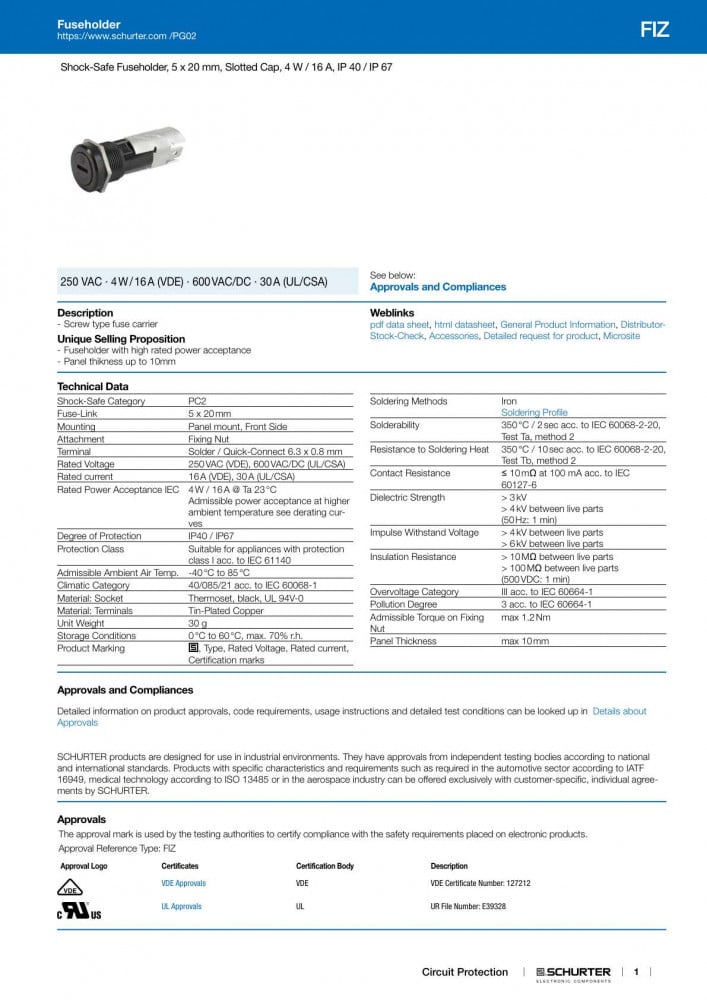 SCHURTER 0031.2205 technical document page 1