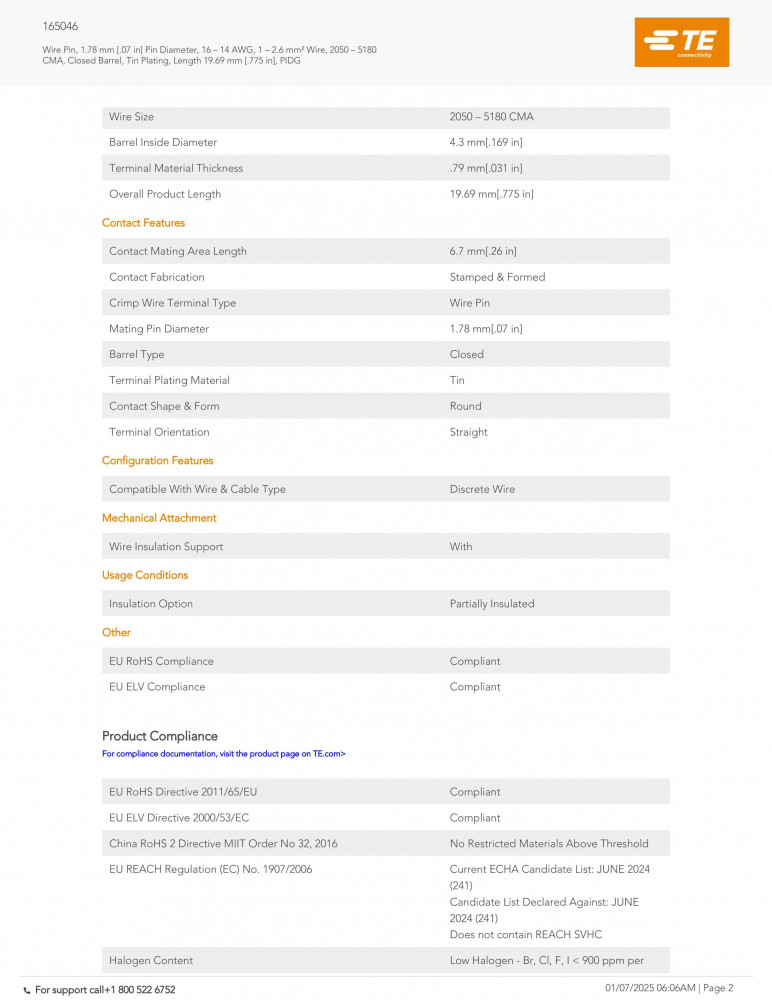TE Connectivity 165046 technical document page 2