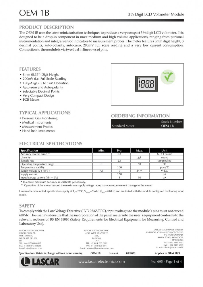 Lascar OEM 1B technical document page 1