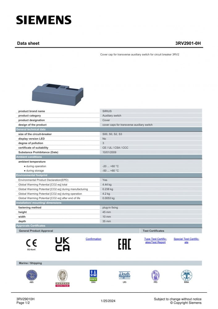 SIEMENS 3RV29010H data sheet page 1