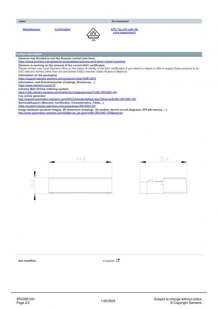 SIEMENS 3RV29010H data sheet page 2