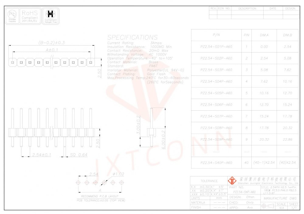 JXTCONN PZ2.54-S02P-A60 technical drawing
