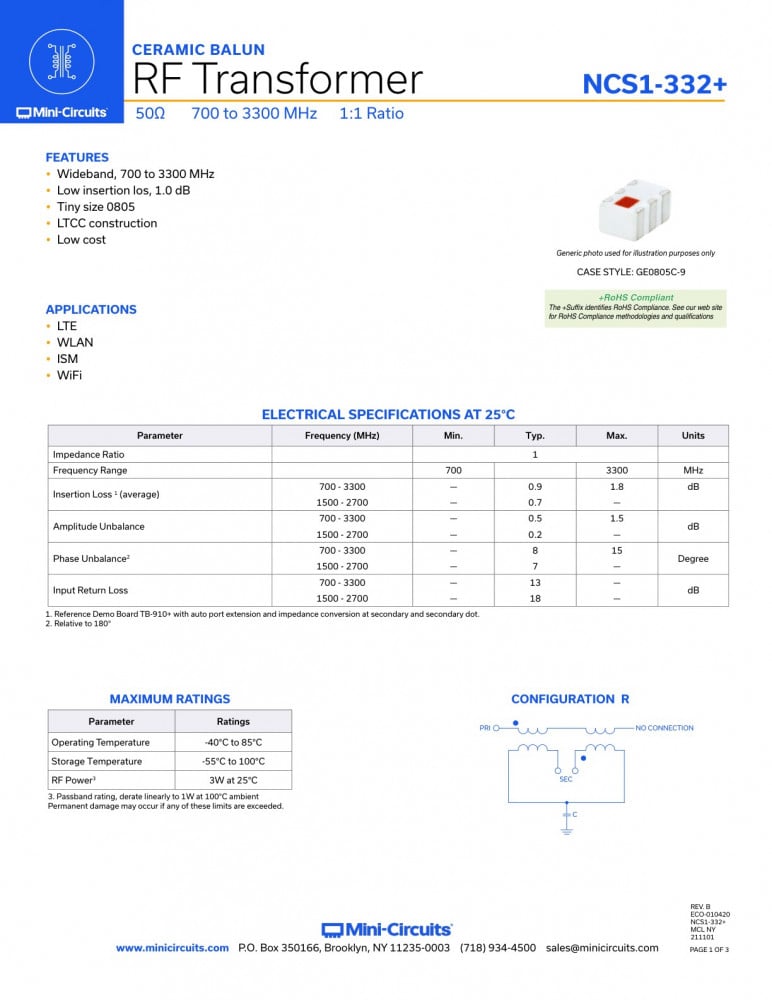 NCS1-332+ datasheet page 1