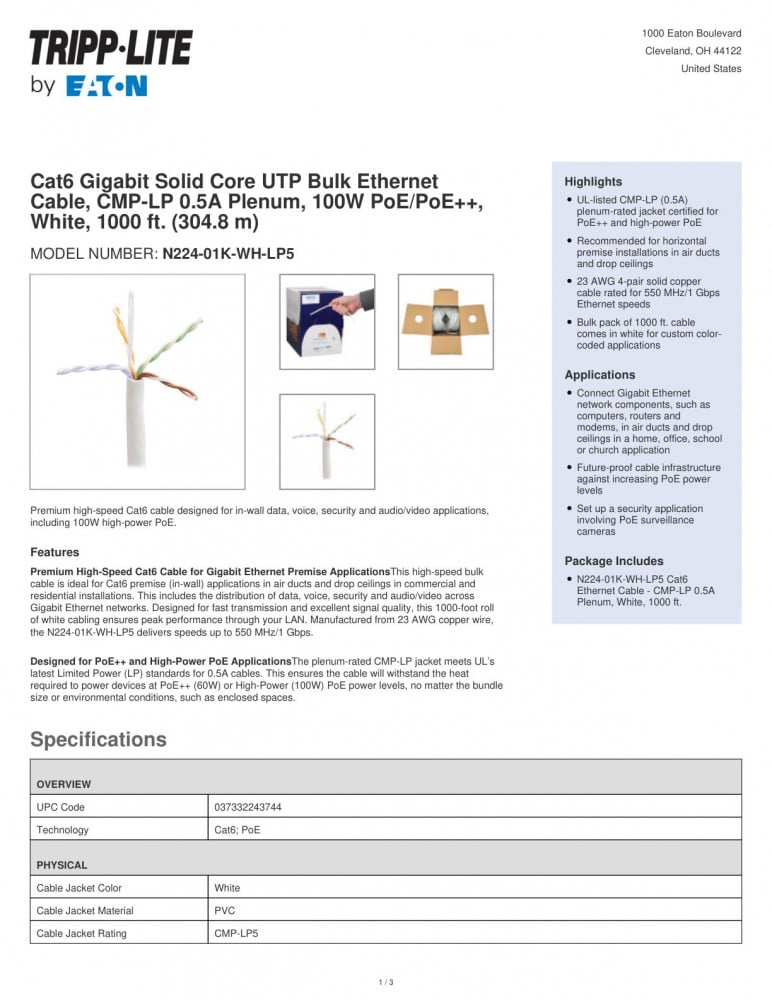 EATON N224-01K-WH-LP5 technical document page 1