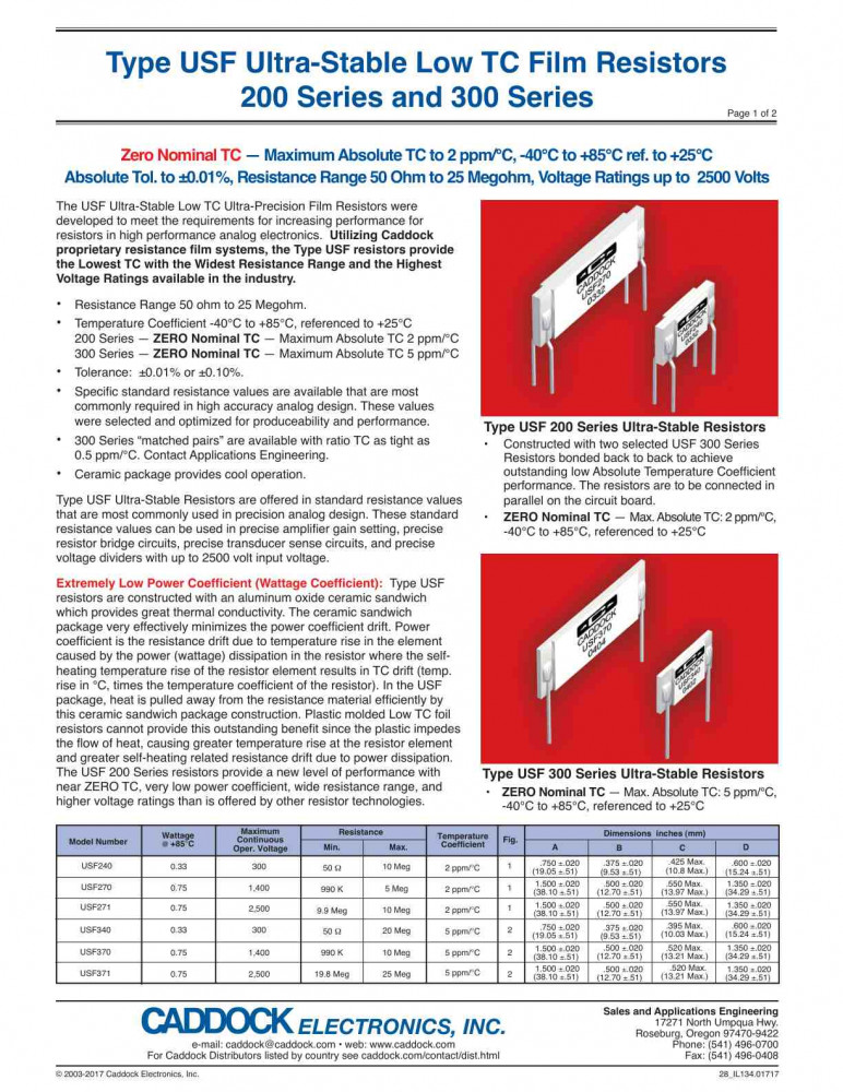 Caddock USF series datasheet page 1