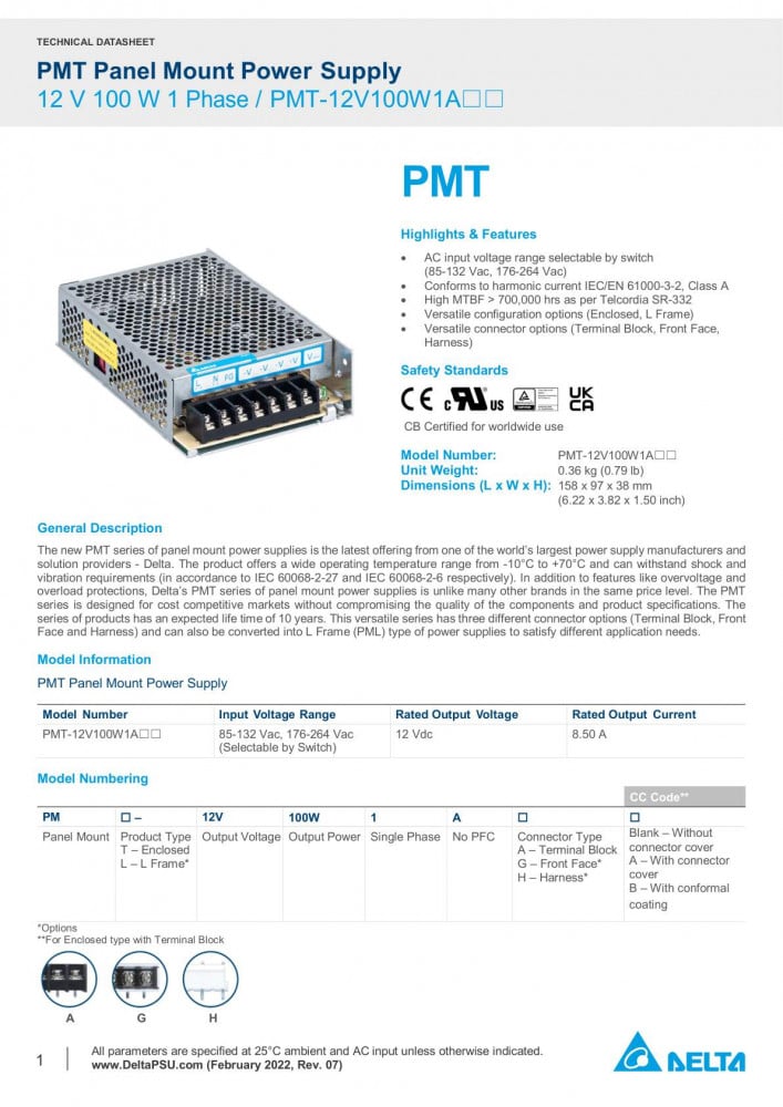 DELTA PML-12V100W1AG datasheet page 1