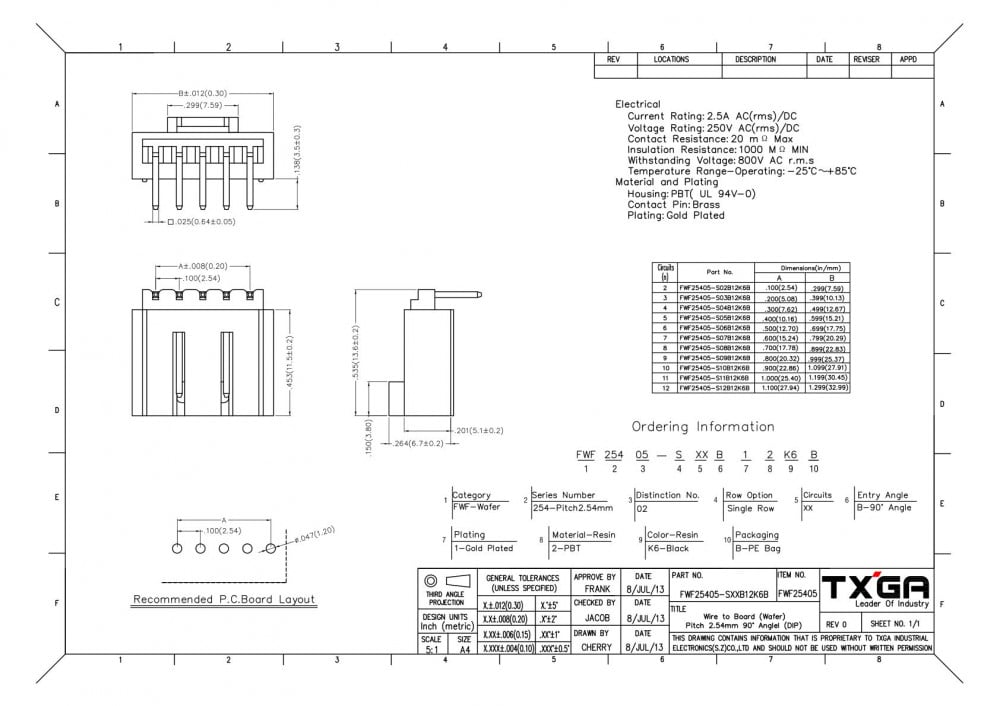 TXGA FWF25405-S07B12K6B technical drawing preview