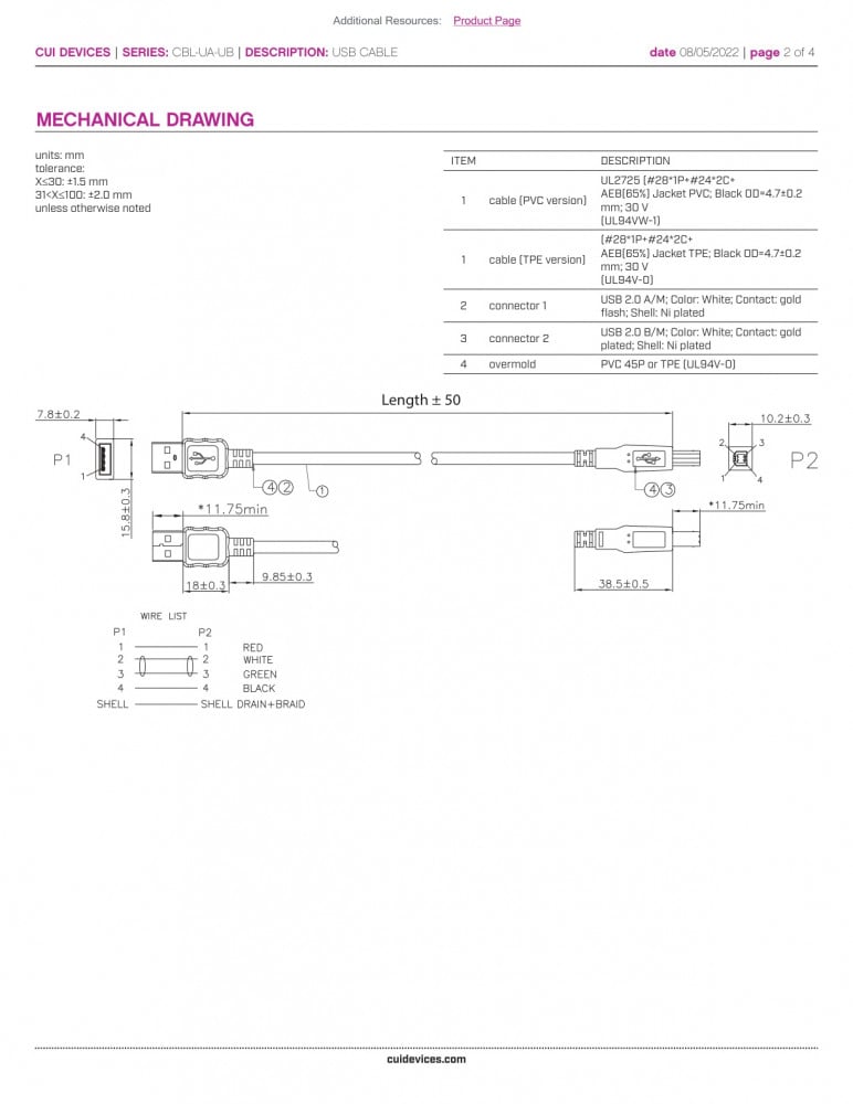 CUI CBL-UA-UB-10GP datasheet page 2