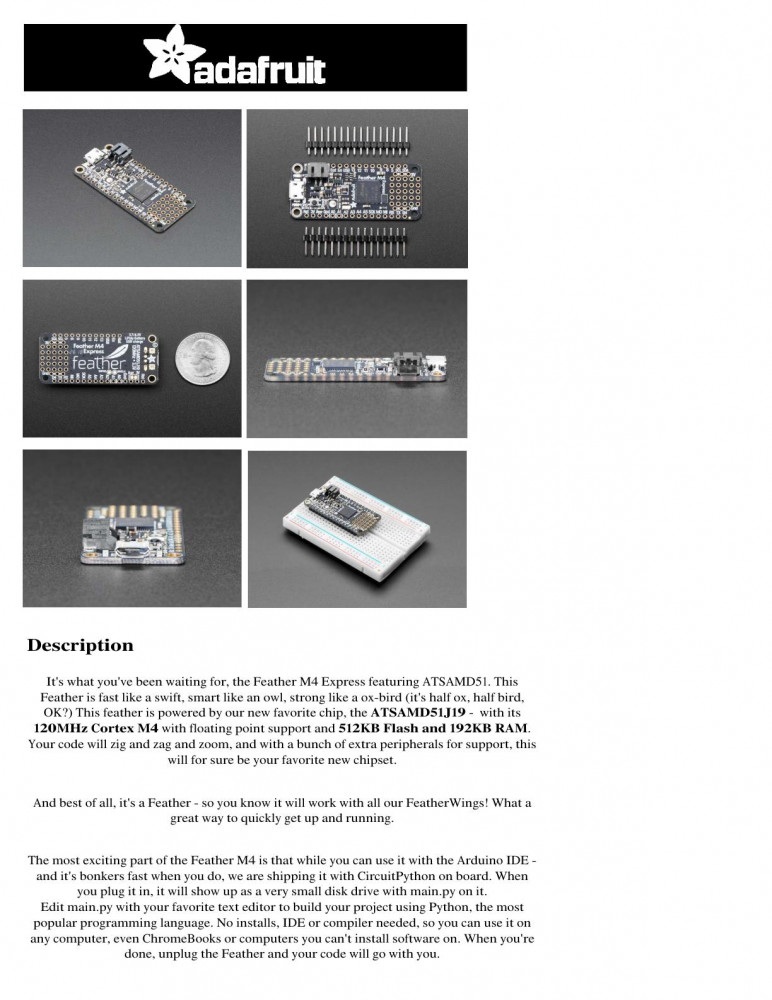 Adafruit Feather M4 Express documentation page 1