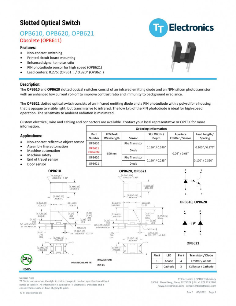TT Electronics optical sensor document page 1