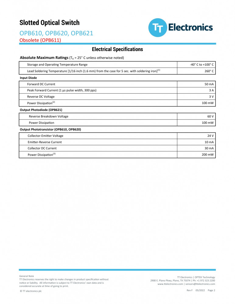TT Electronics optical sensor document page 2