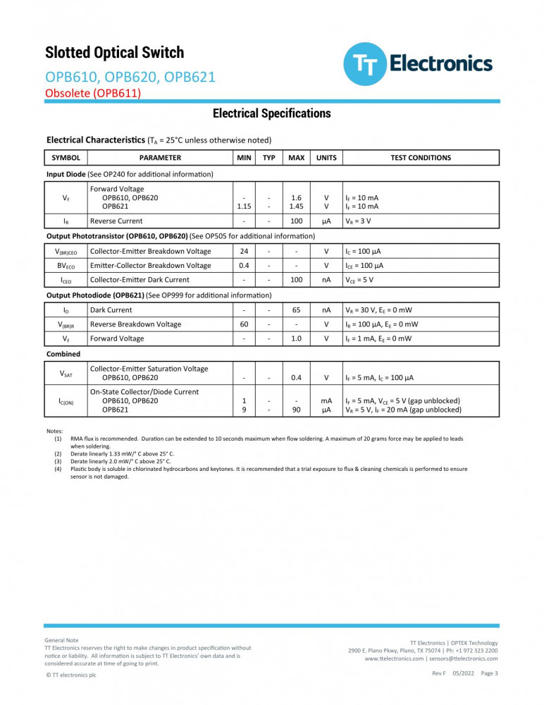 TT Electronics optical sensor document page 3