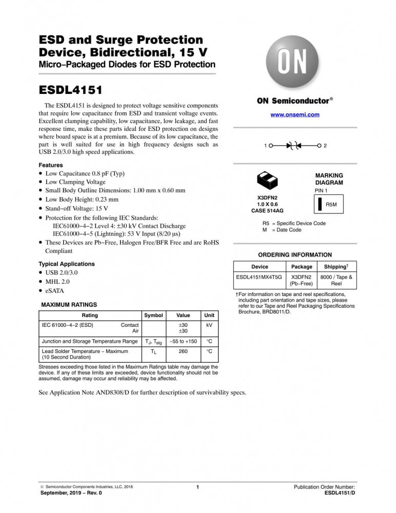 ESDL4151MX4T5G datasheet page 1