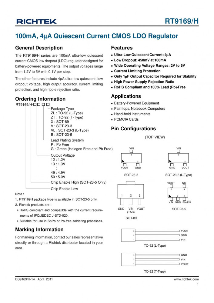 RT9169 datasheet page 1