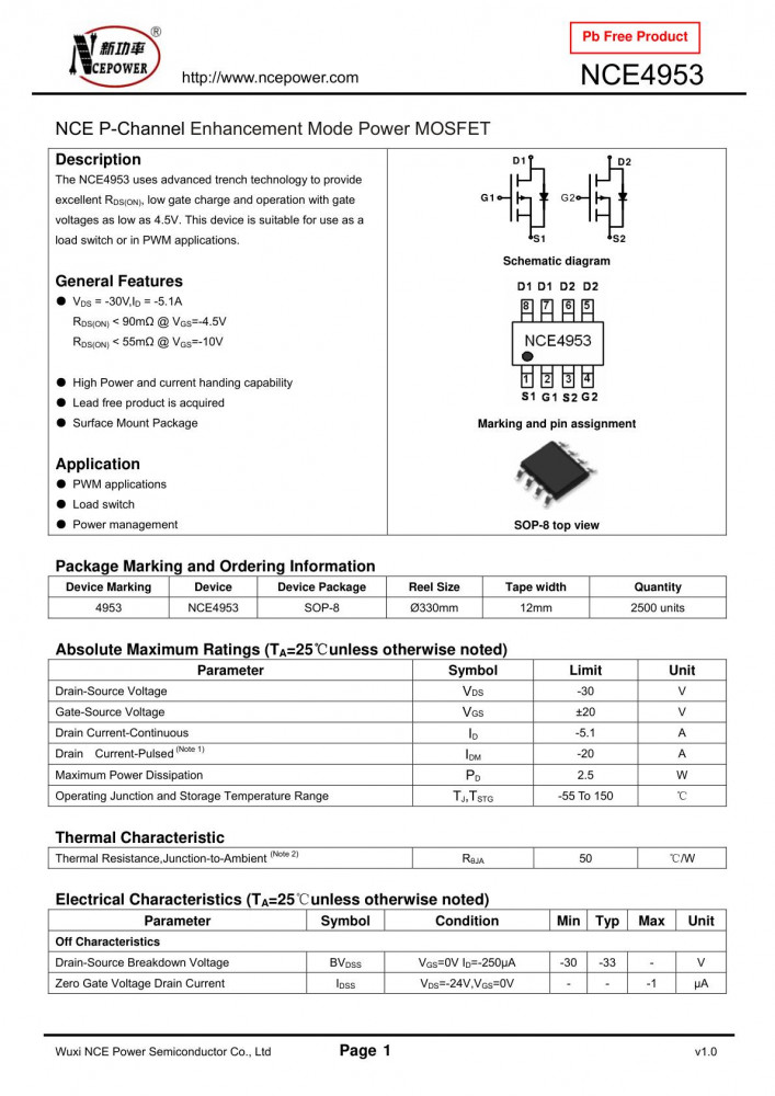 NCE4953 datasheet page 1