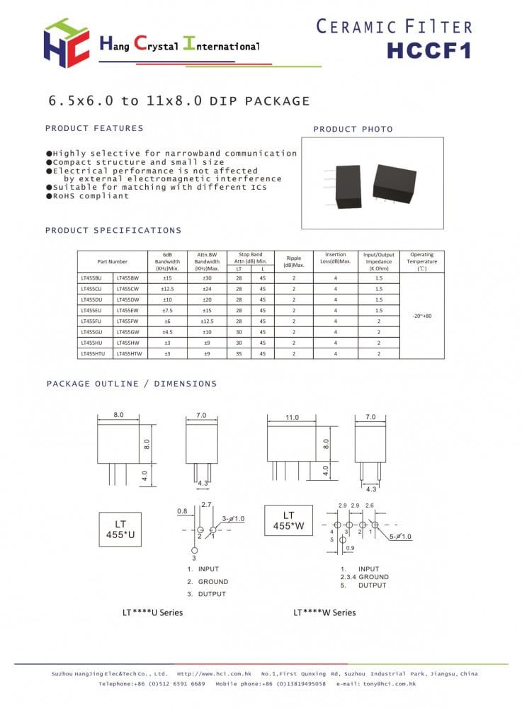 HCCF1-455.000-LTIWL HCI ceramic filter datasheet preview