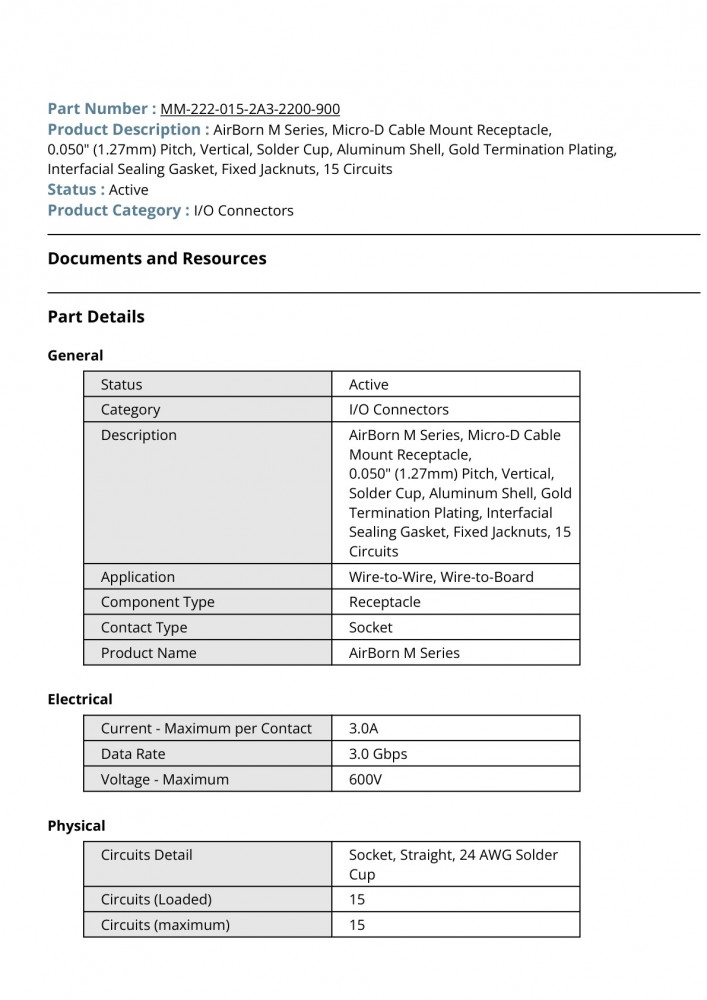 Technical document page 1 for MM-222-015-2A3-2200-900