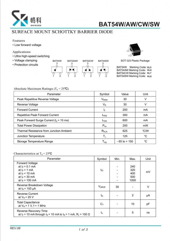 BAT54CW datasheet page 1