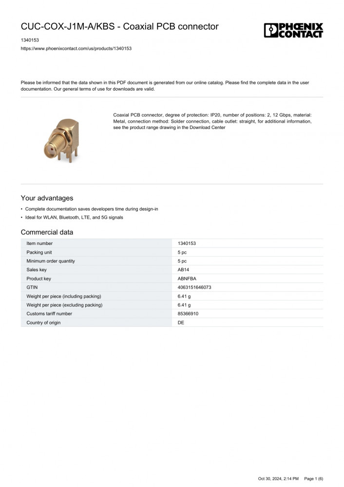 Phoenix Contact 1340153 technical document page 1
