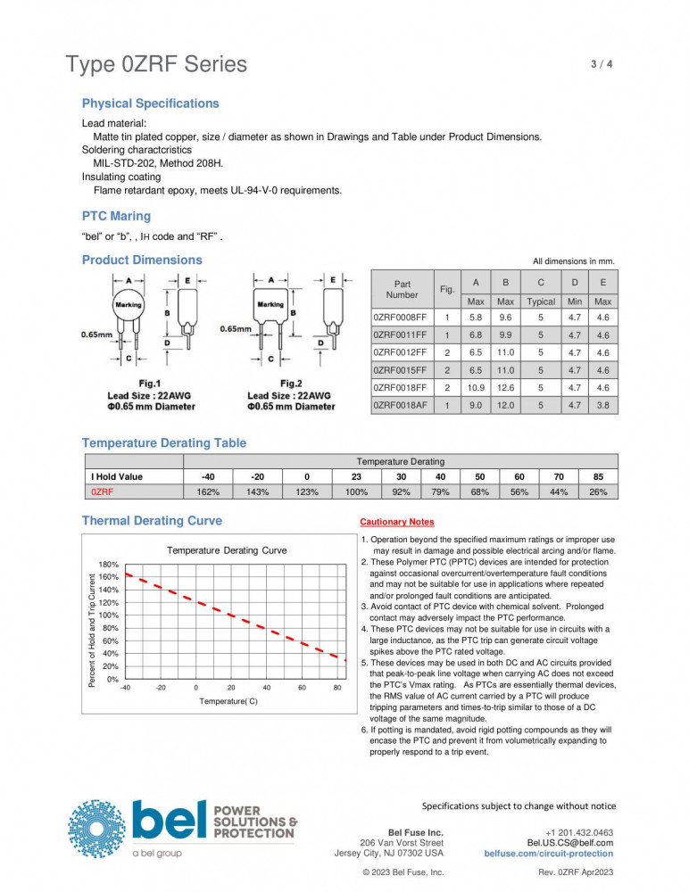 Bel Fuse 0ZRF series datasheet page 3