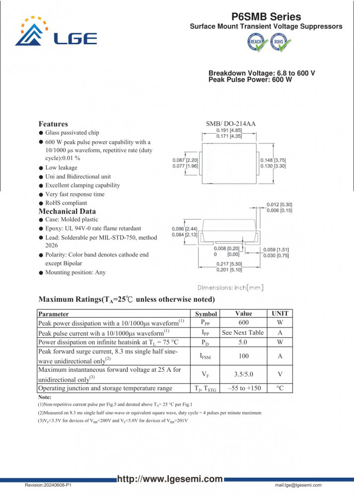 LGE P6SMB series datasheet page 1