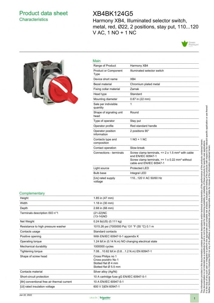 XB4BK124G5 technical document page 1