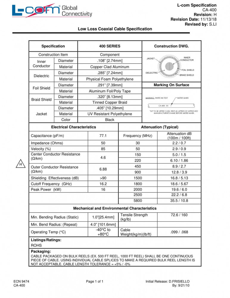 L-com CA-400-R1K specification document