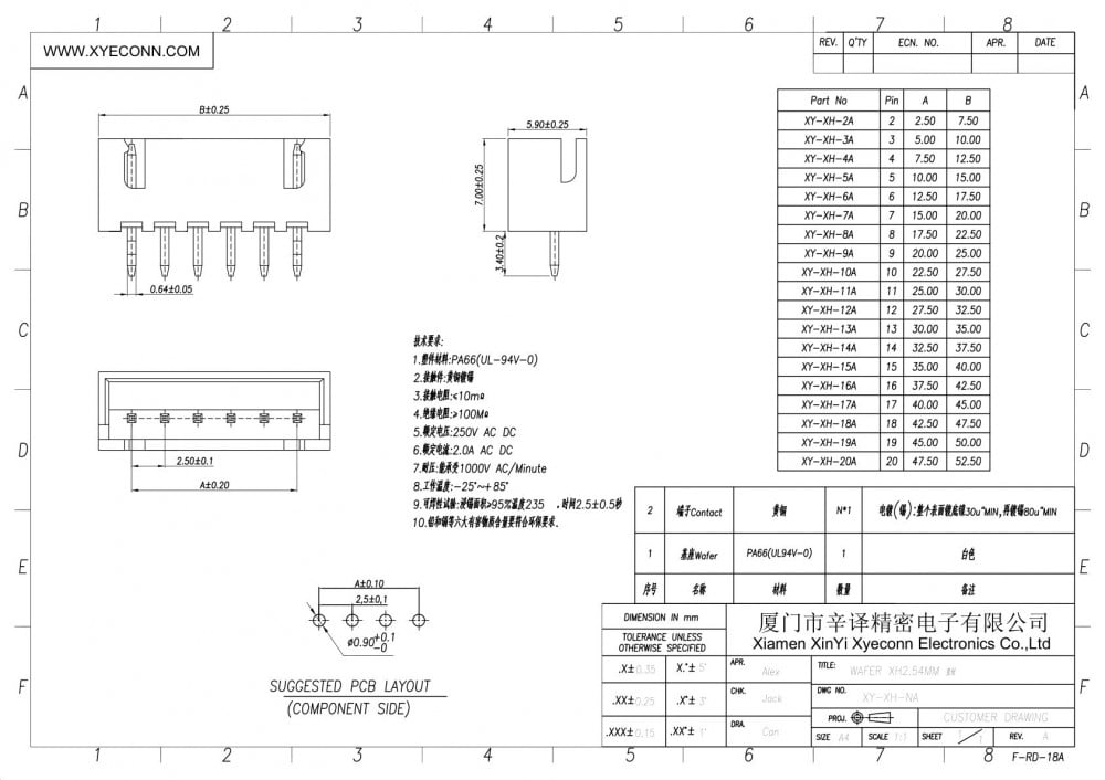 XYECONN XH 2.54 mm straight-pin wafer drawing