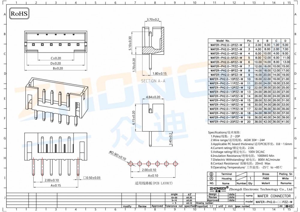 Zhongdi WAFER-PH2.0-7PZZ-W technical drawing