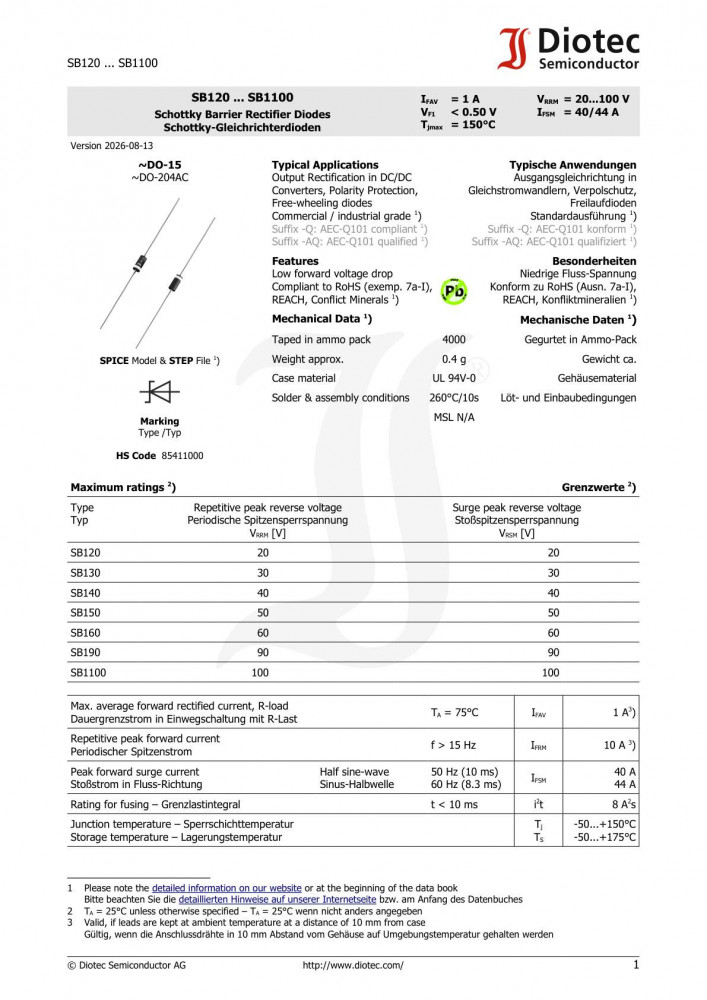 DIOTEC SB150 datasheet image, page 1