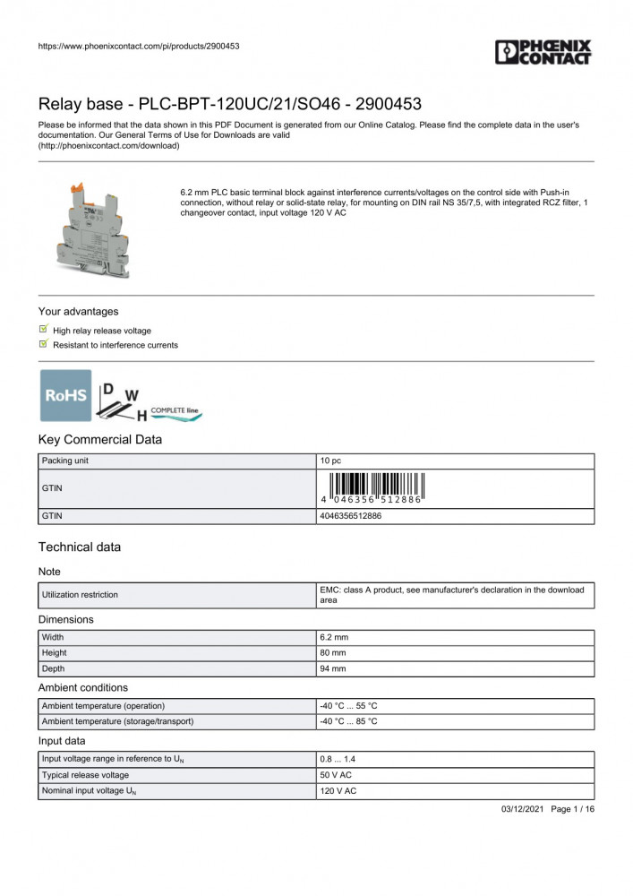 Phoenix Contact 2900453 technical document page 1