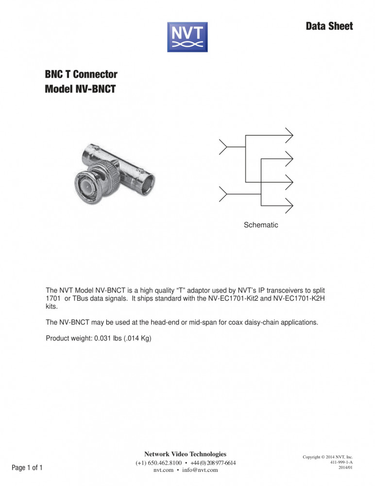NV-BNCT BNC T connector documentation image
