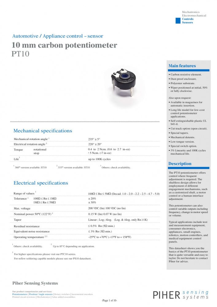 PT10 datasheet page 1