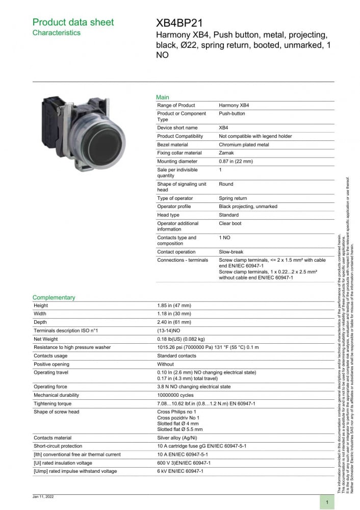 XB4BP21 datasheet page 1