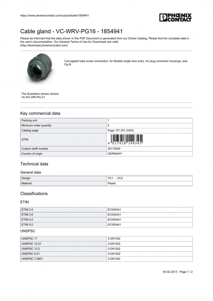 Phoenix Contact 1854941 product document page 1