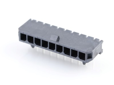 Micro-Fit 3.0 Right-Angle Header, 3.00mm Pitch, Single Row, 9 Circuits, with Snap-in Plastic Peg PCB Lock, 0.38µm Gold Plating, Glow-Wire Capable, Black for sale