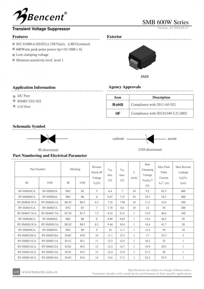 Bencent BV-SMBJ24CA datasheet page 1
