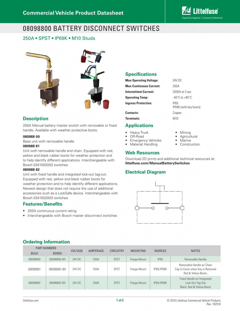 Littelfuse 08098882 battery disconnect switch documentation page 1