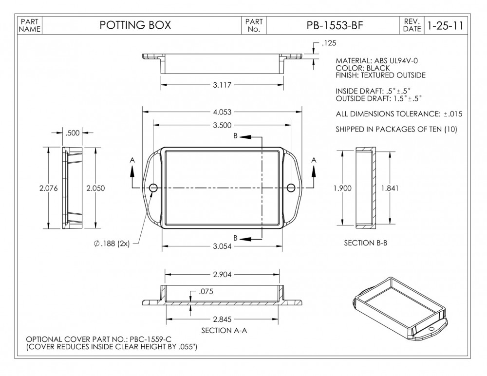 PB-1553-BF potting box product drawing preview